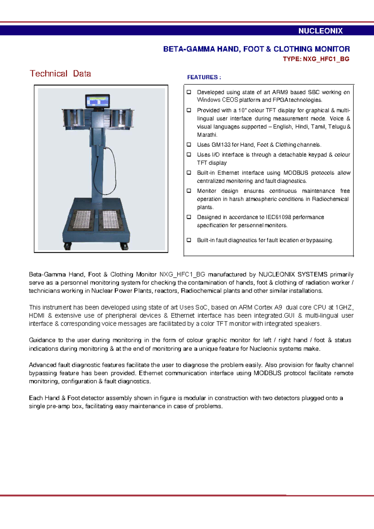 Beta-Gamma Hand, Foot, and Clothing Monitor NXG_HFC1_BG Technical Data ...
