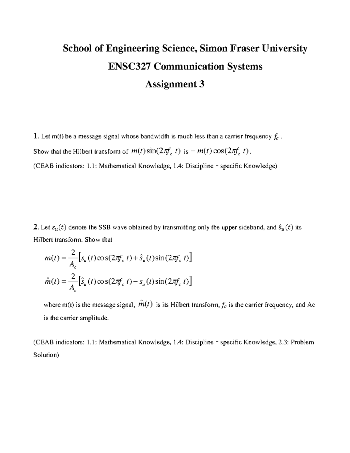 ENSC327 Assignment 3: Hilbert Transform Analysis in Communication ...