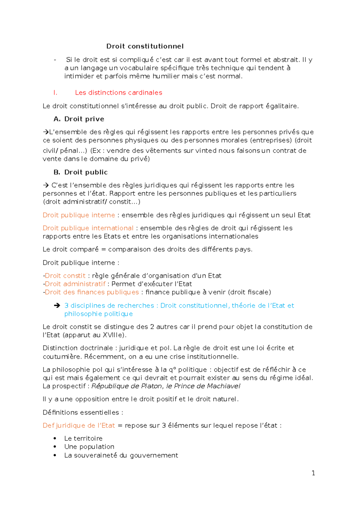 Droit Constitutionnel I : Concepts et Distinctions Fondamentales - Studocu