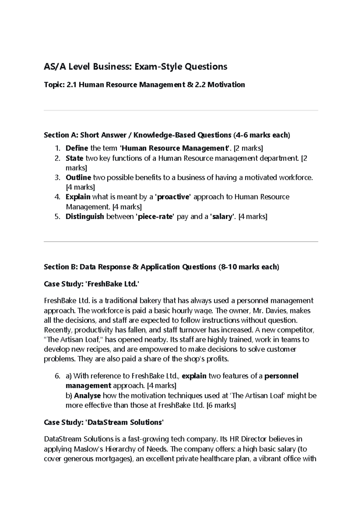 HRM 2.1: Short Answer & Case Study Questions on Motivation and ...
