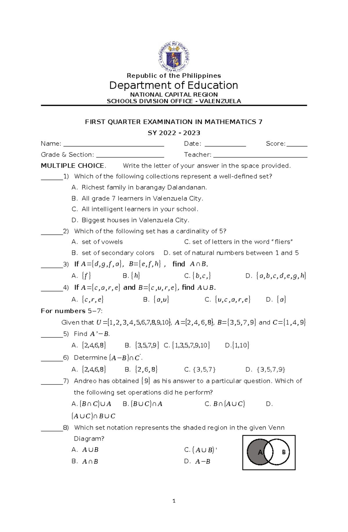 SY2022-2023 Math KS3 7 Q1 Exam - Republic of the Philippines Department ...