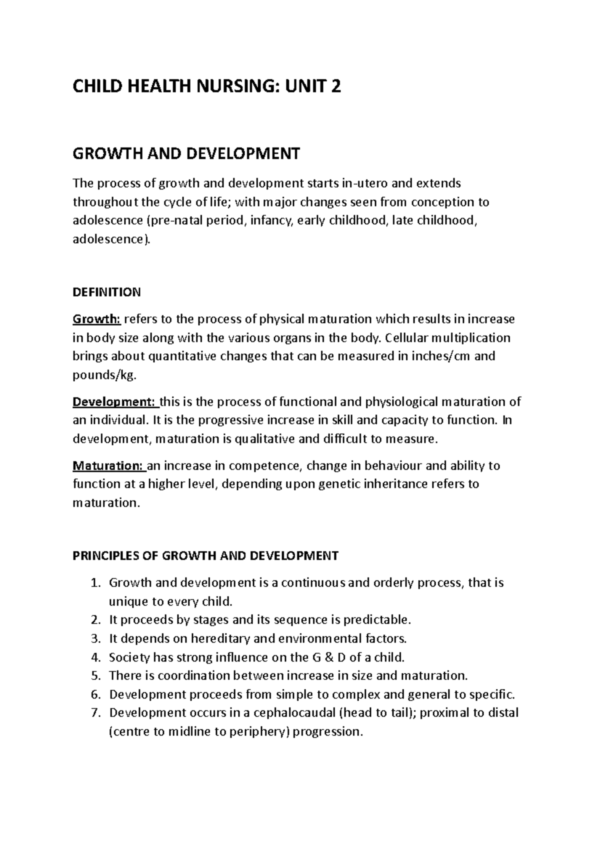 Child Health Nursing UNIT 2: Growth & Development Overview - Studocu
