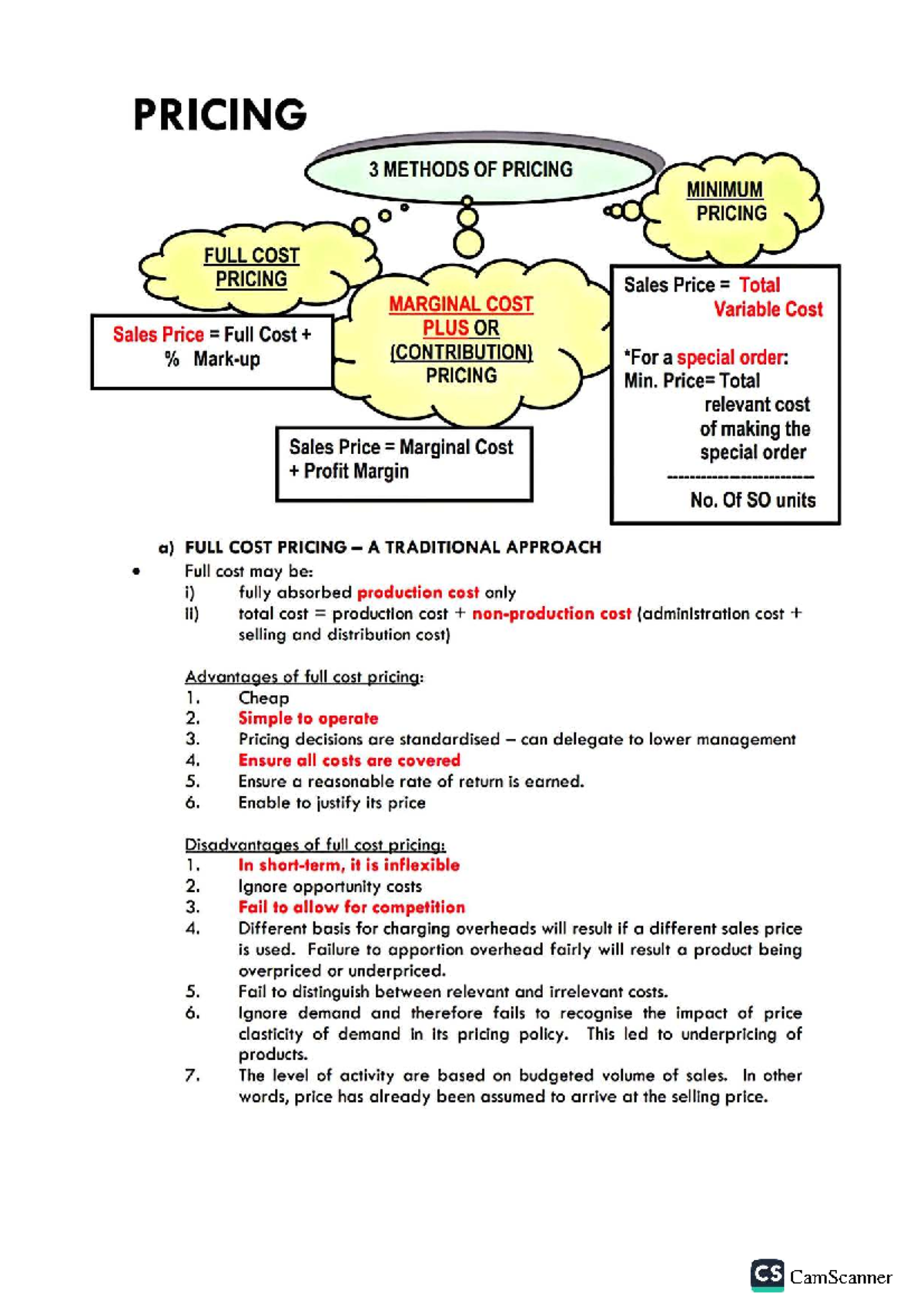 Pricing Methods: Minimum, Full Cost, and Marginal Cost Analysis - Studocu
