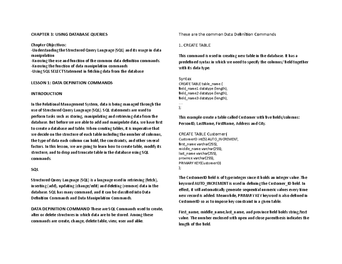 Chapter 3 - CHAPTER 3: USING DATABASE QUERIES Chapter Objectives ...