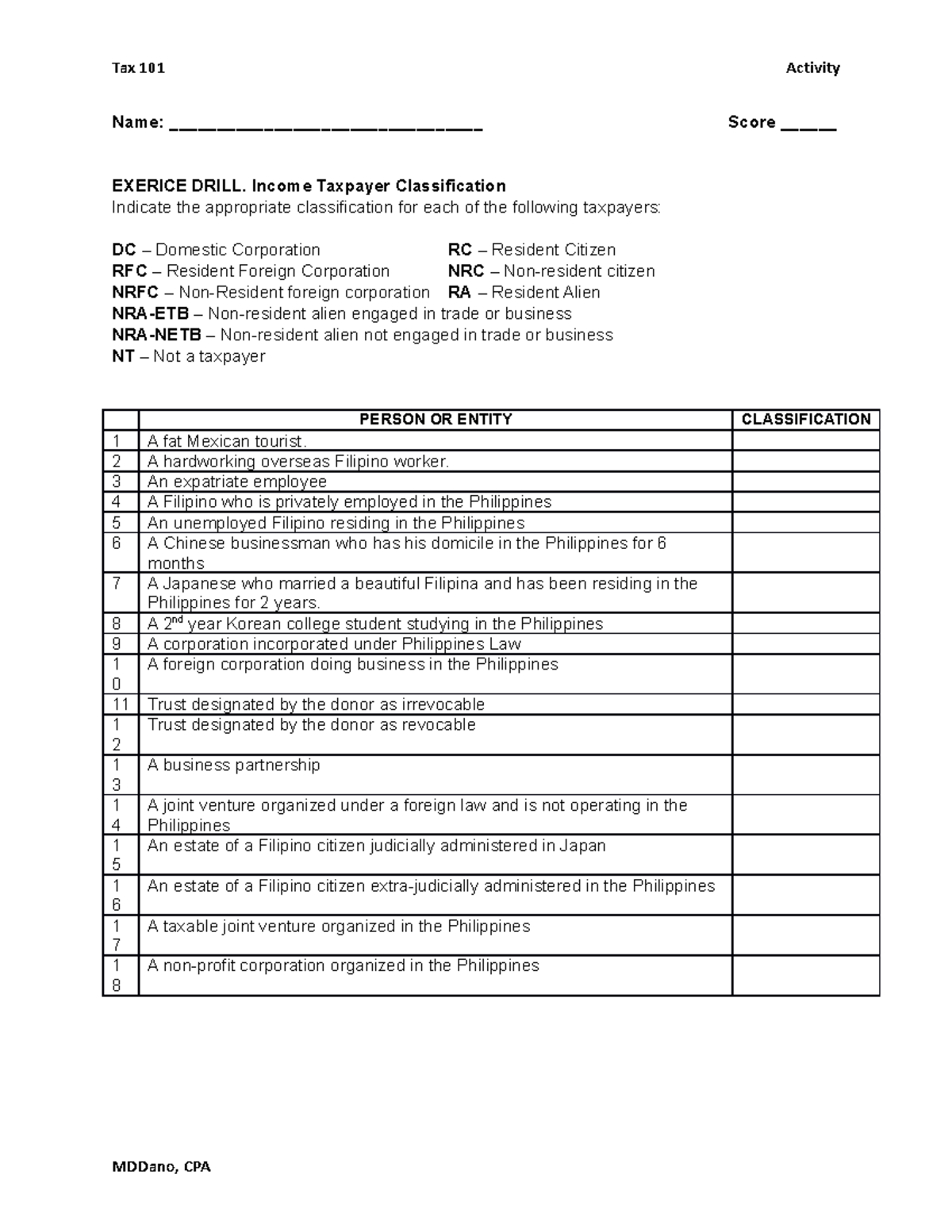 Tax 101 Activity: Taxpayer Classification Exercise Drill - Studocu