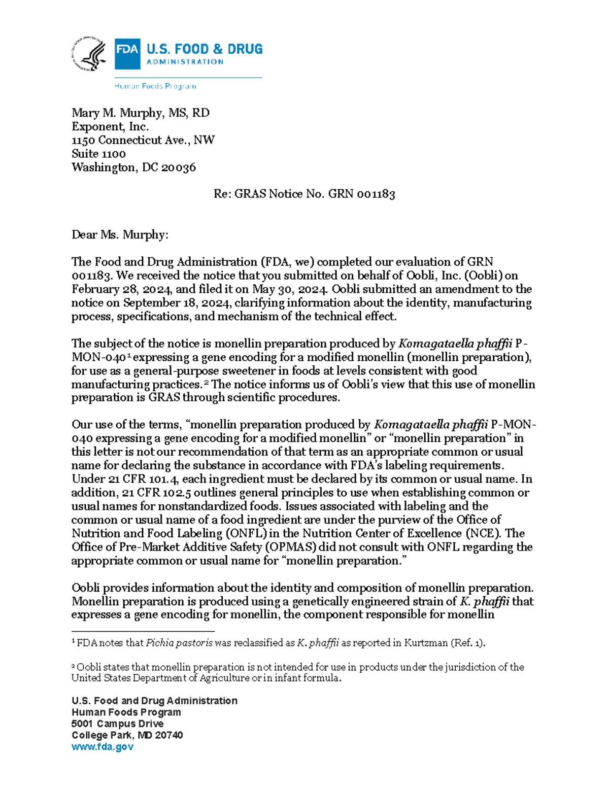 GRN 001183: FDA Response to Oobli's Monellin Preparation Notice - Studocu
