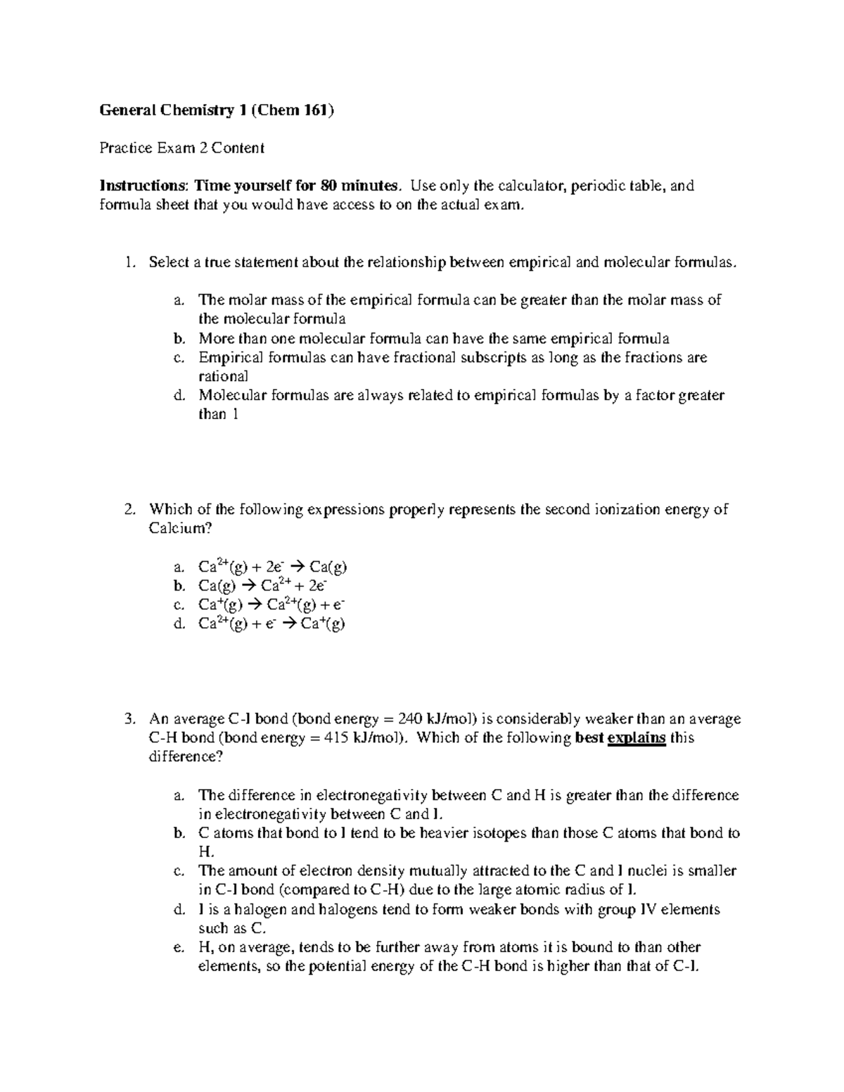 General Chemistry 1 Practice Exam 2 Review (Chem 161) - Fall 2024 ...