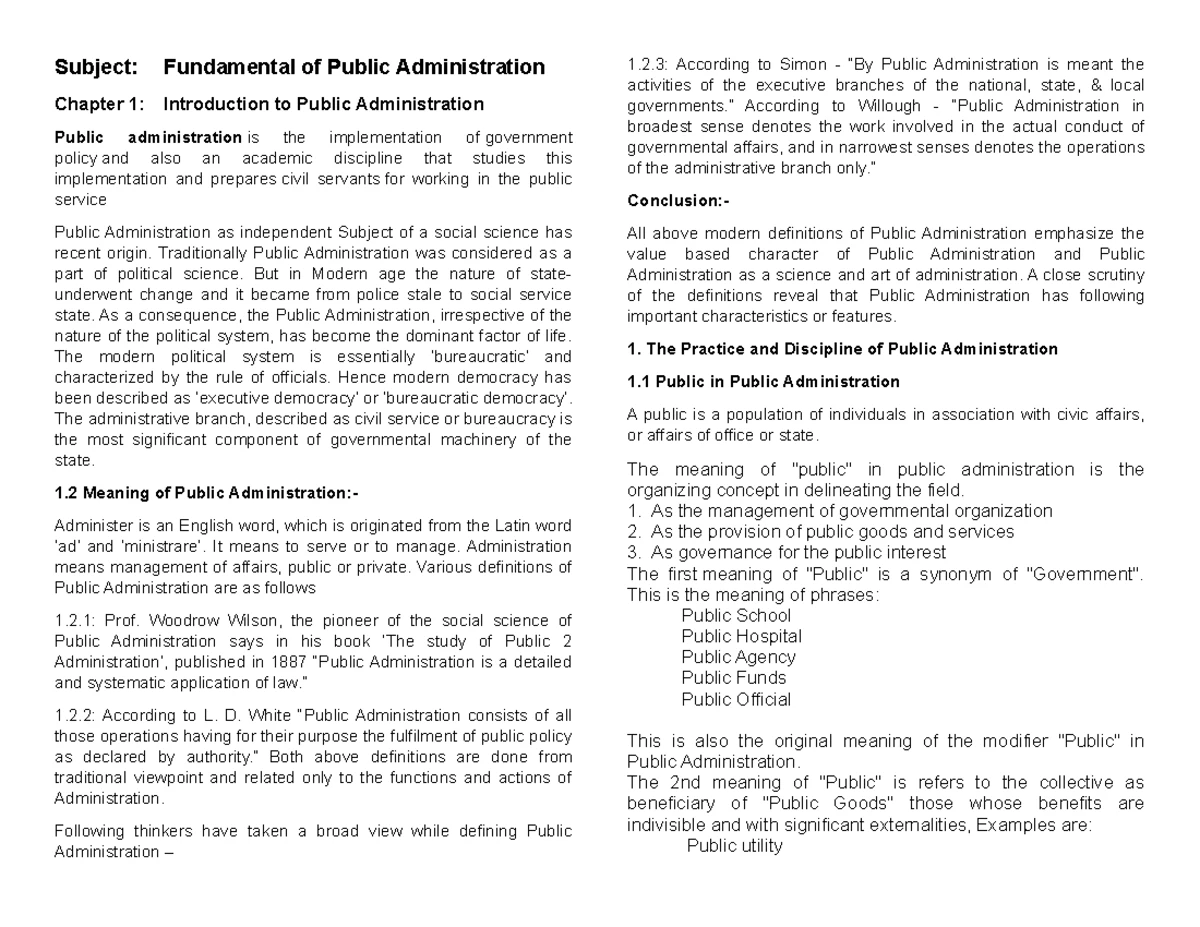 Public adm - Lecture notes 1-3 - UNIT-1 PUBLIC ADMINISTRATION - MEANING ...