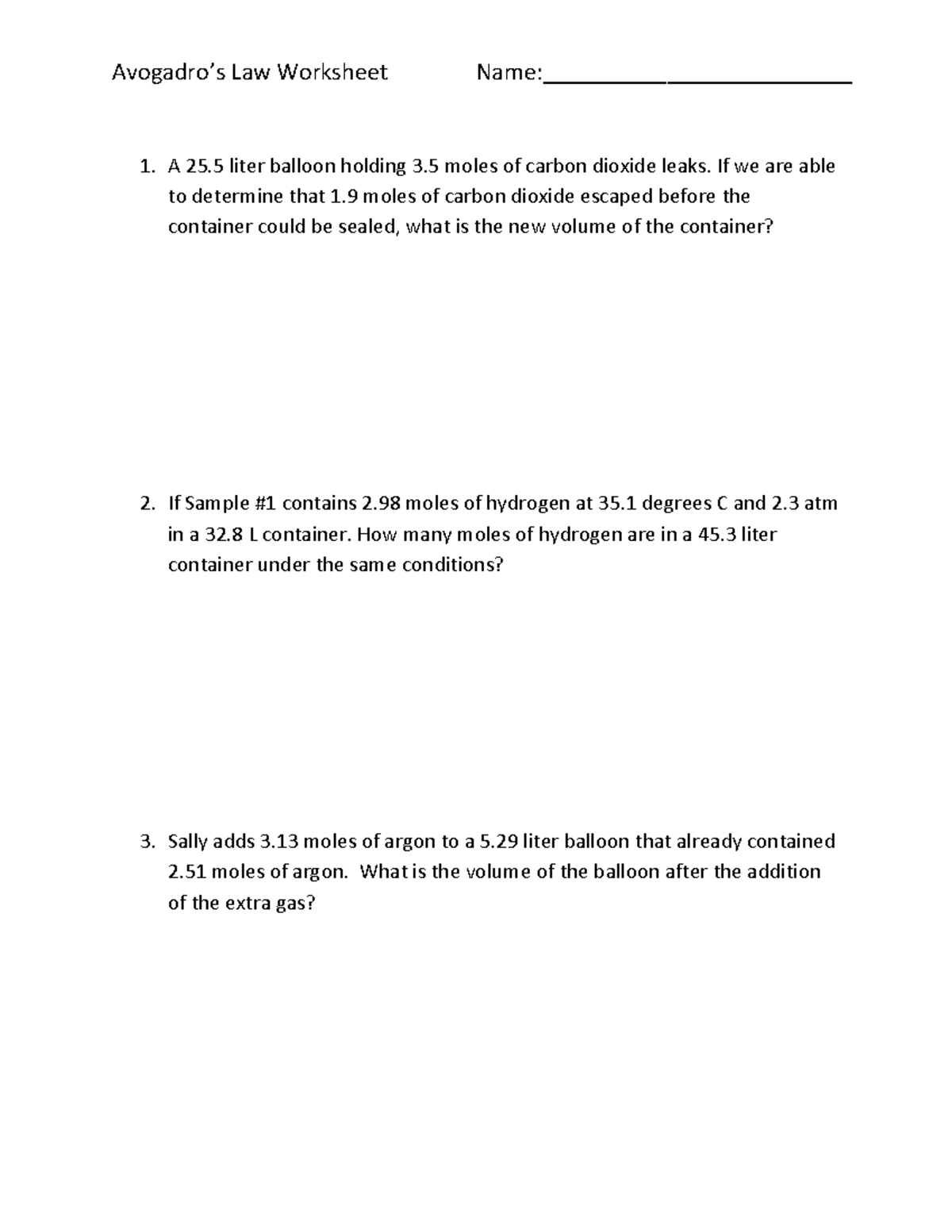 Avogadros law worksheet - Avogadroís Law Worksheet Name ...