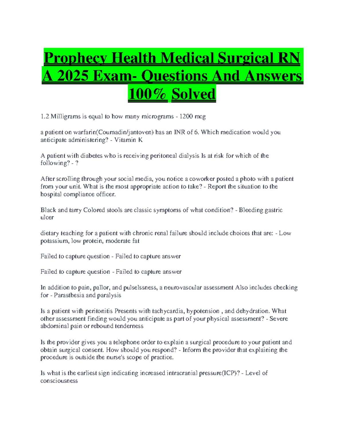 AA-BR RN - Prophecy Health Medical Surgical RN 2025 Exam Q&A Guide ...