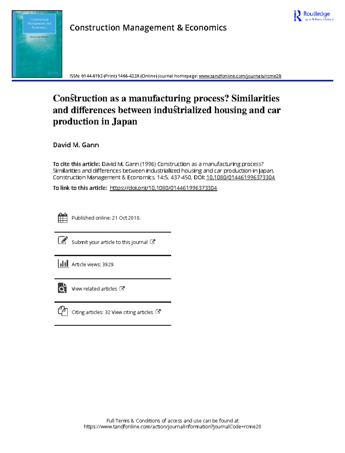 Construction as a manufacturing process Similarities and differences ...
