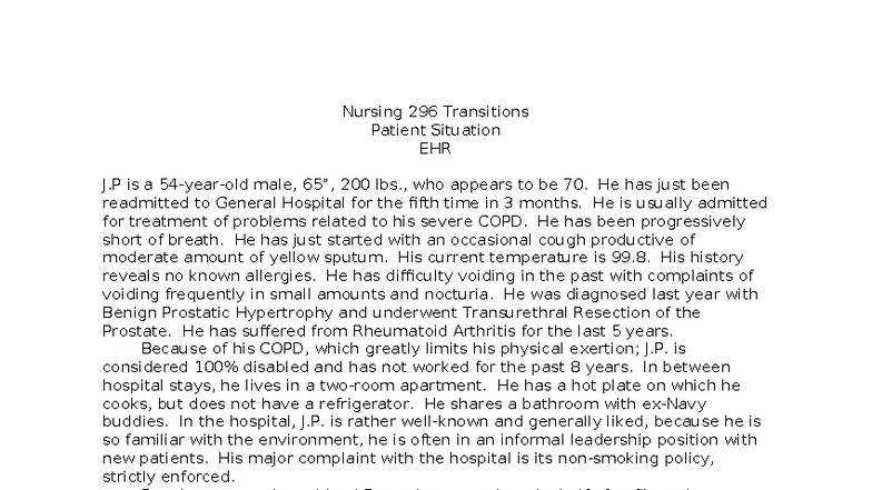 Nursing 296 Case Study: EHR Analysis of Patient J.P. - Studocu