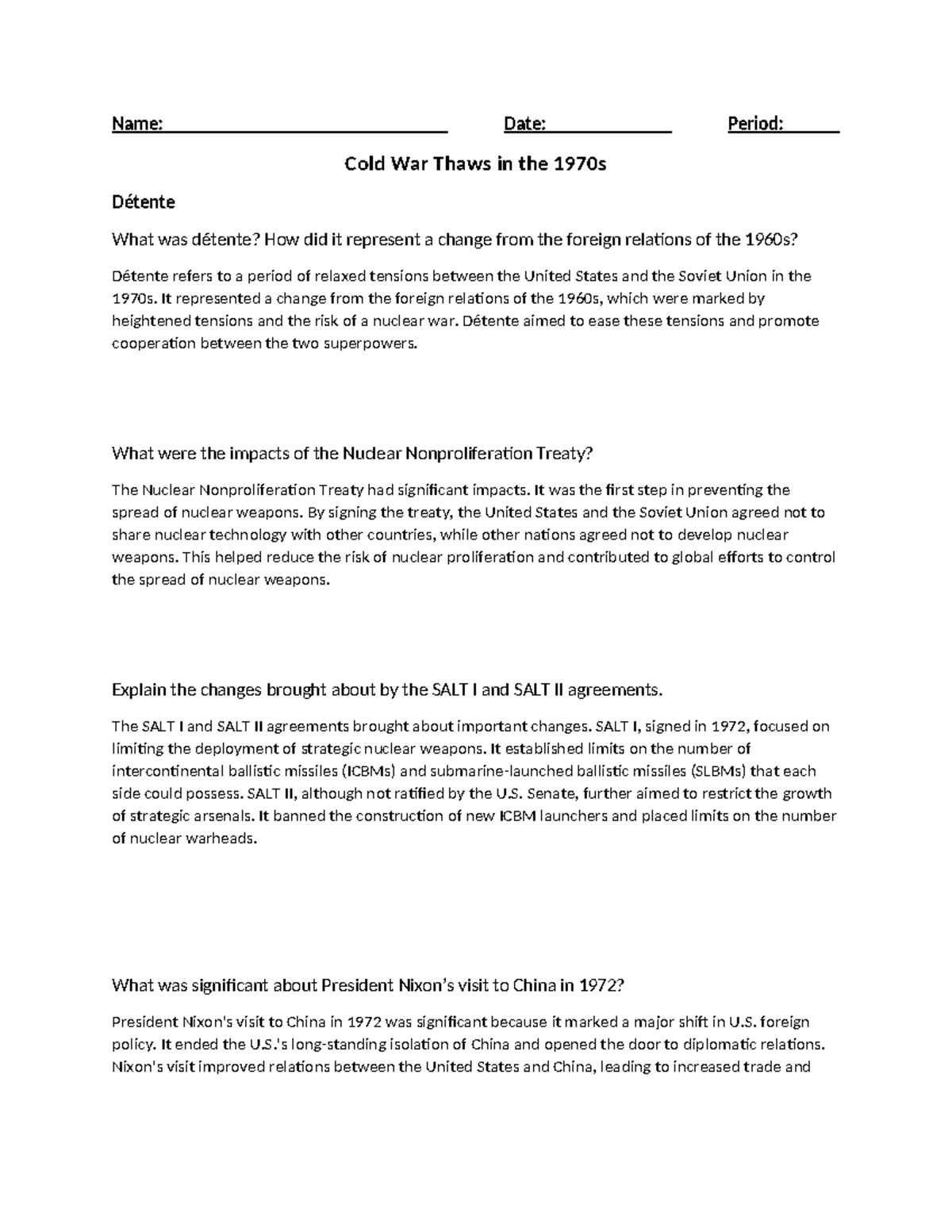 99-The Cold War Thaws in the 1970s Activity - Name: Date: Period: Cold ...