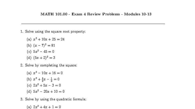 MATH 101.00 Fall 2018 Exam 4 Review Problems and Solutions - Studocu