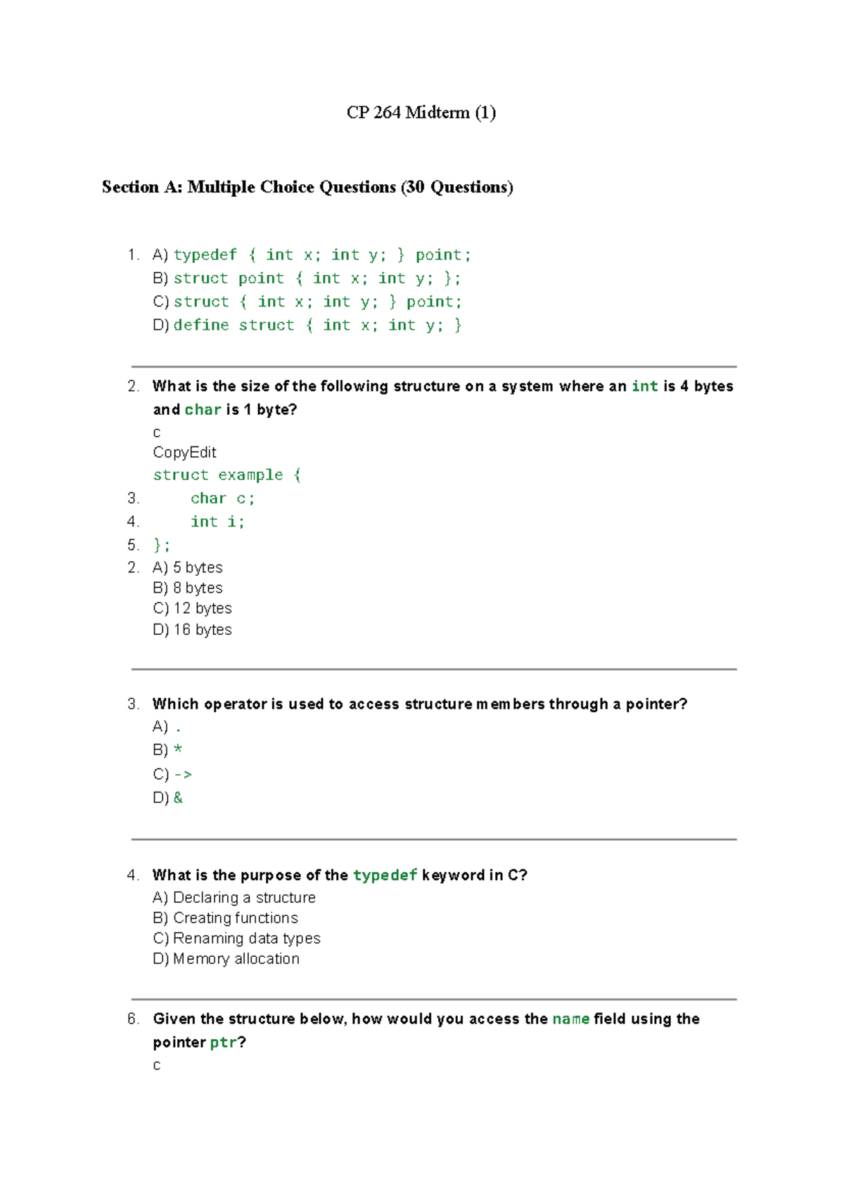 CP264 Midterm Practice Exam Questions and Coding Tasks - Studocu