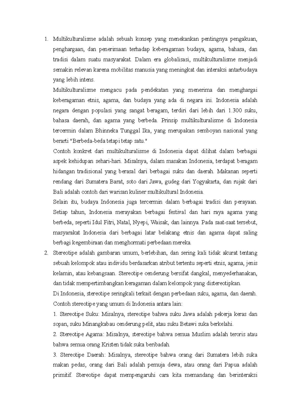 Tugas 2 ILMU Sosial dan Budaya: Multikulturalisme & Stereotipe di Indonesia - Studocu
