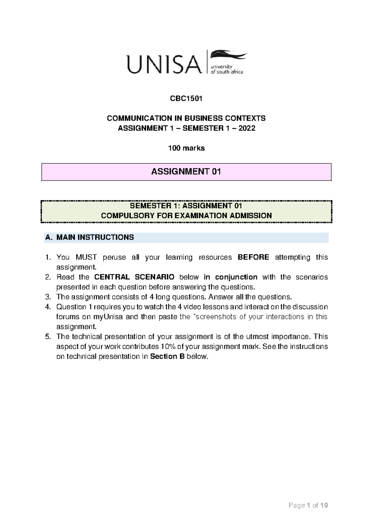 CBC1501 Assignment 1: Compulsory Guidelines & Mark Allocation for 2022 - Studocu