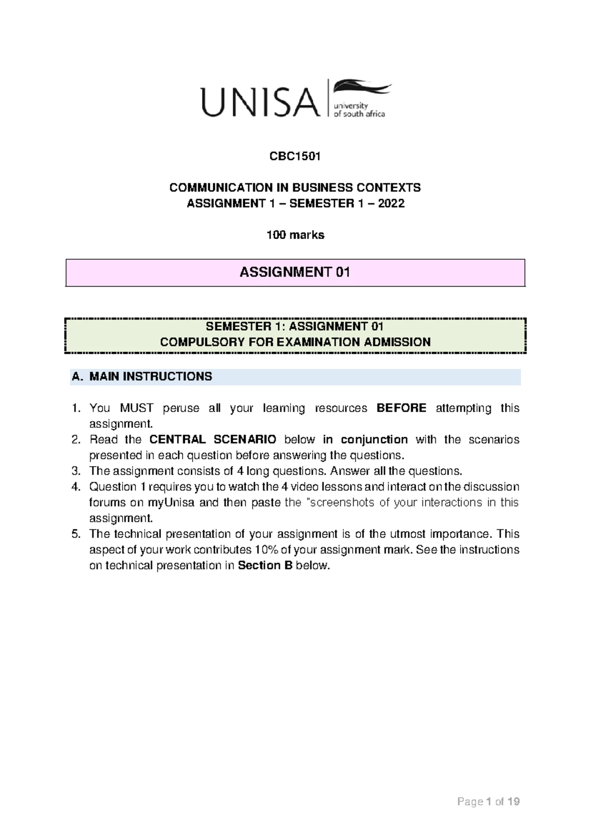 CBC1501 2022 A1 S2 2022 - COMMUNICATION IN BUSINESS CONTEXTS - **CBC** - **ASSIGNMENT 1 ...