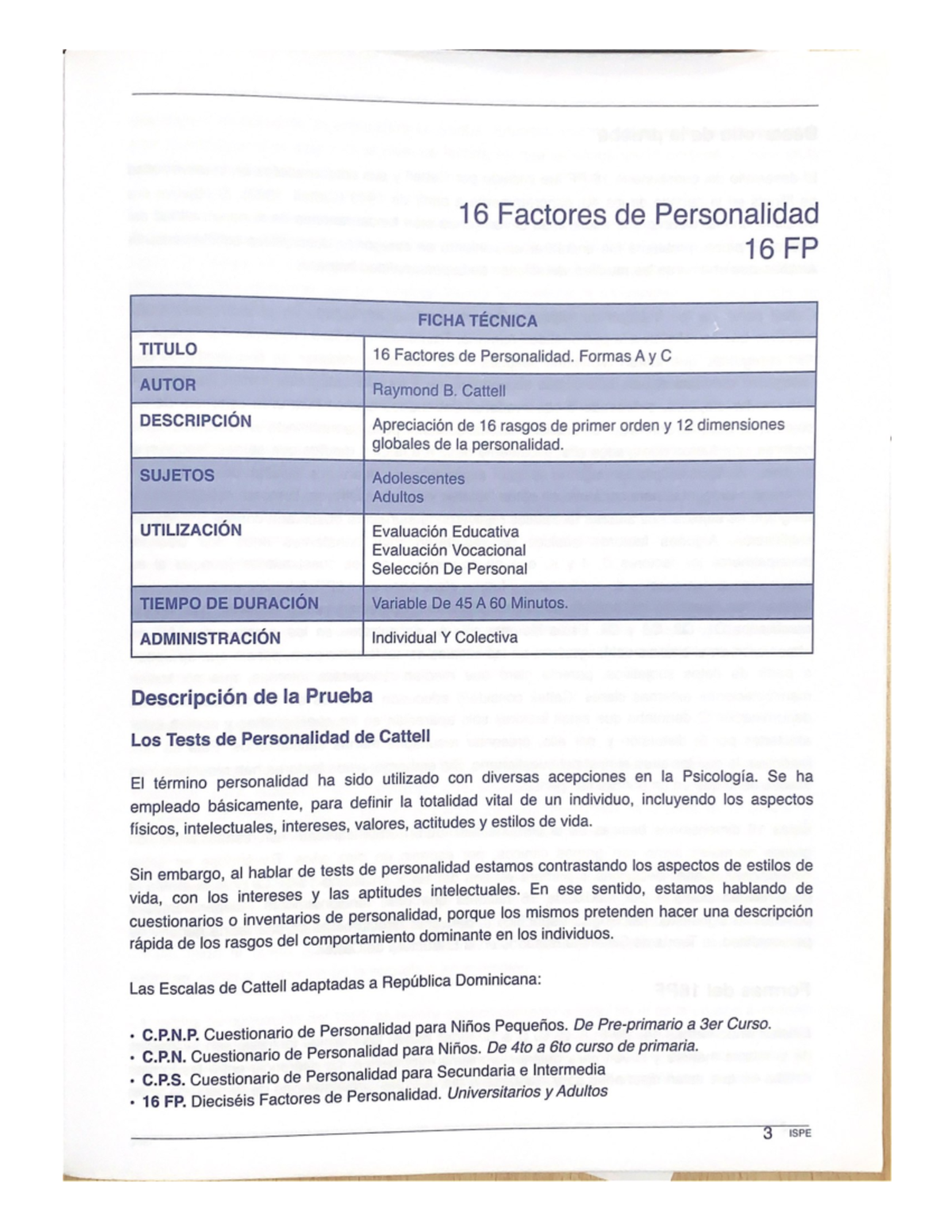 Manual de Prueba 16 FP: Factores de Personalidad A y C - Studocu