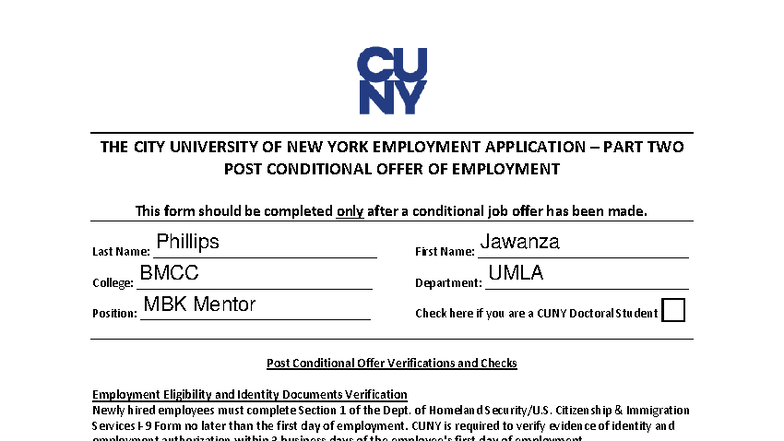 CUNY Employment Application Part Two: Post Conditional Offer 2024 - Studocu