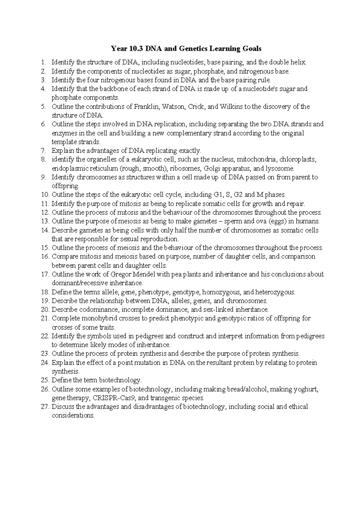 10.3 DNA and Genetics Learning Goals and Key Concepts - Studocu
