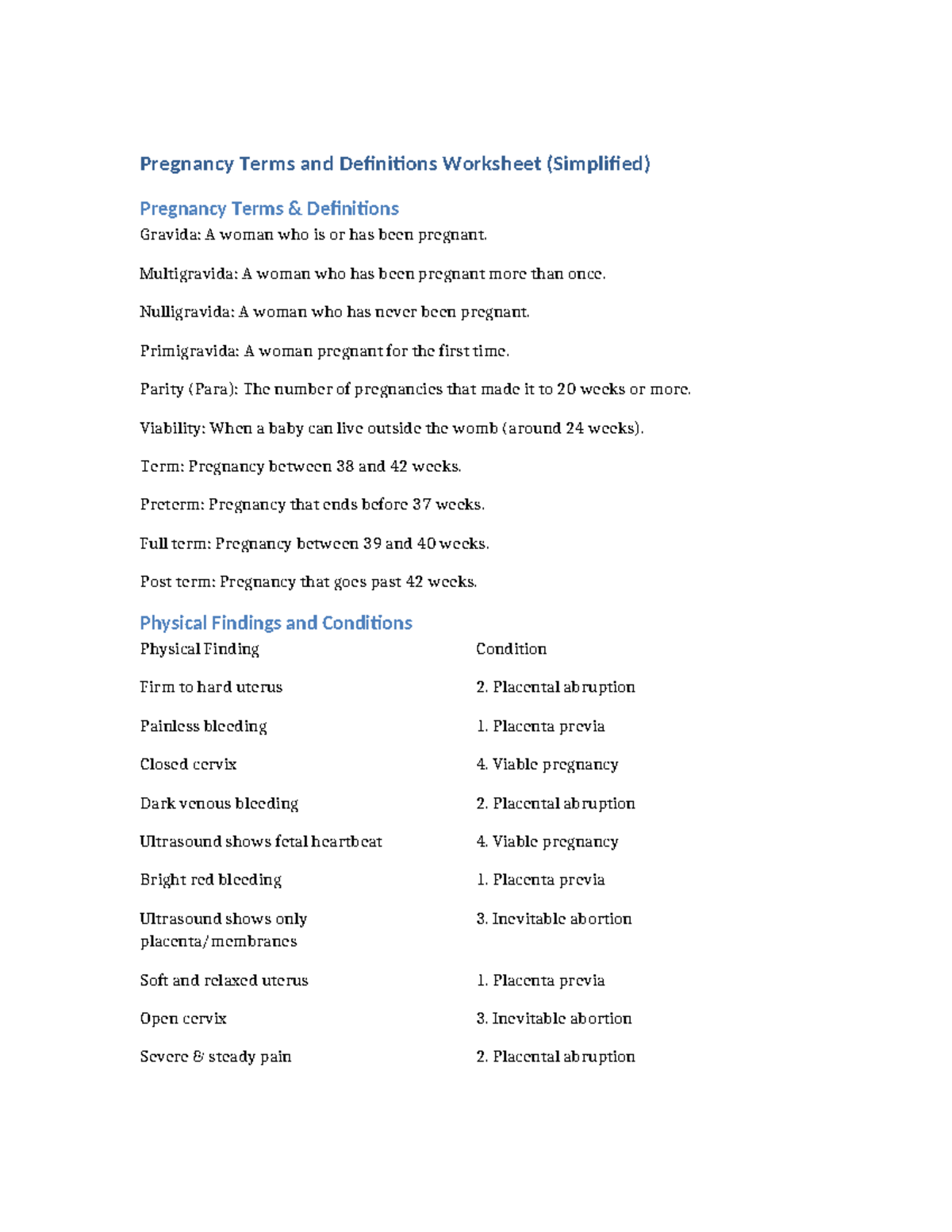 Pregnancy Terms and Definitions Worksheet (Simplified) - Studocu
