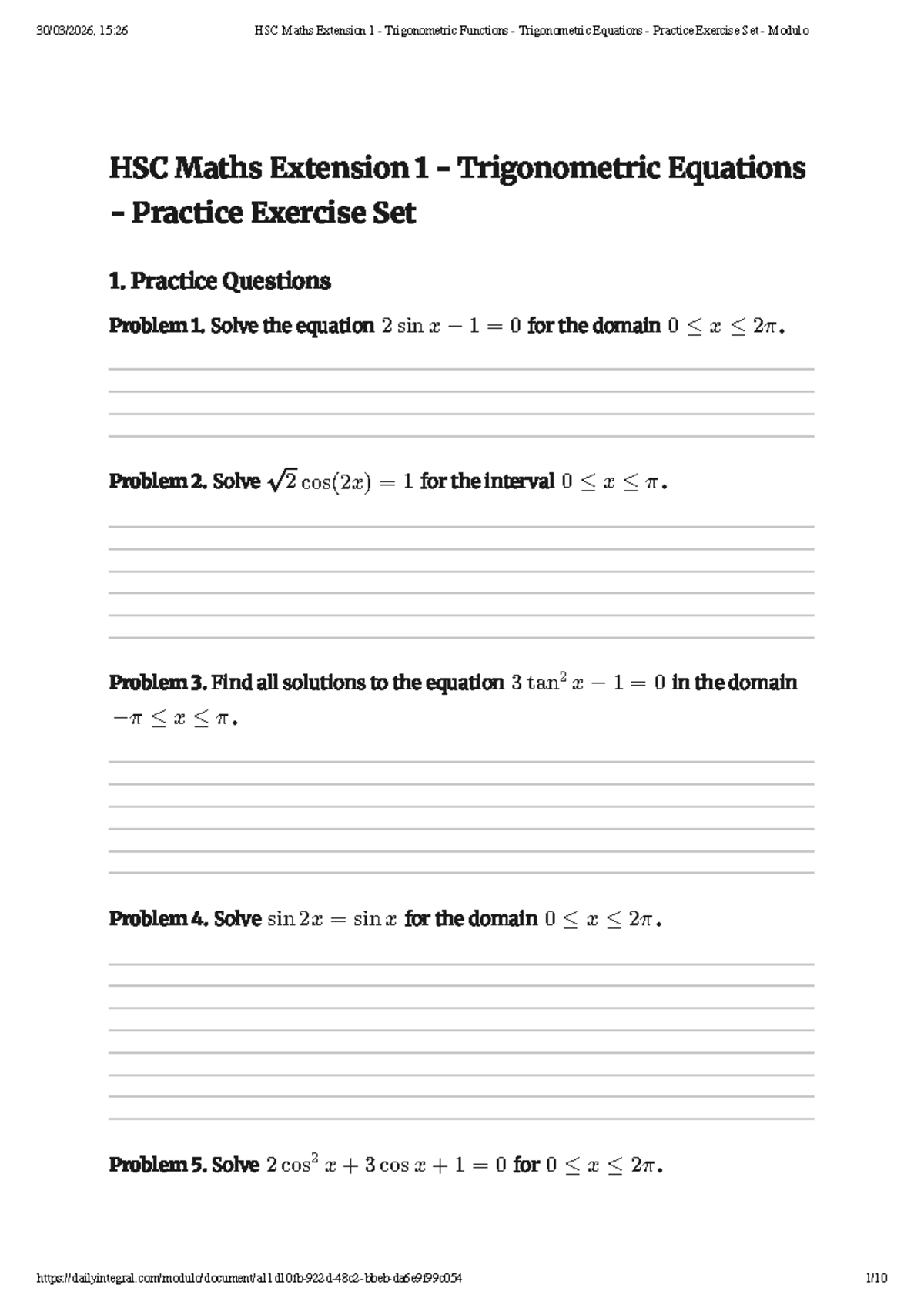 HSC Maths Extension 1: Trigonometric Functions & Equations Practice Set ...