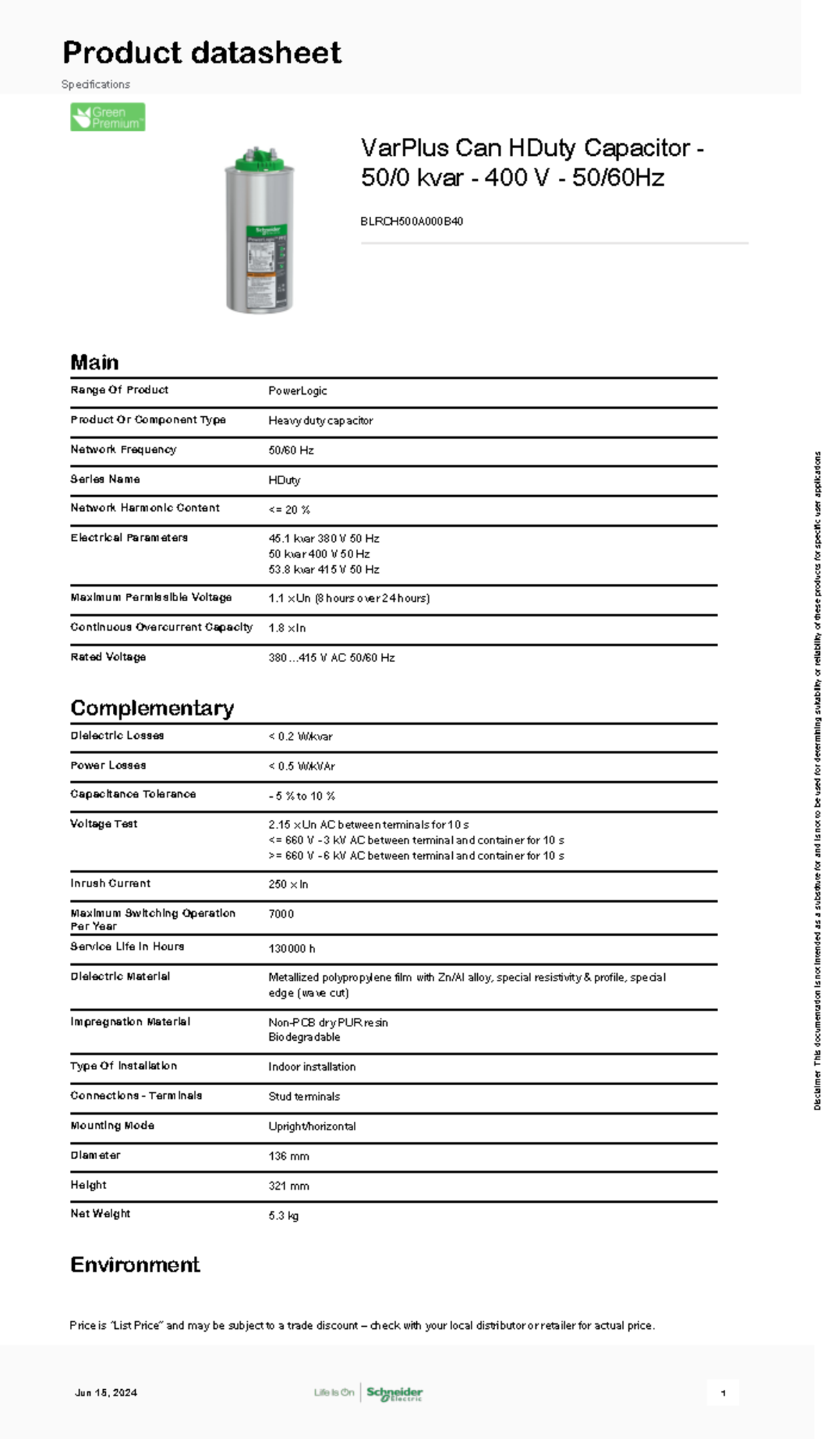 Schneider Electric HDuty Capacitor Data Sheet - BLRCH500A000B - Studocu
