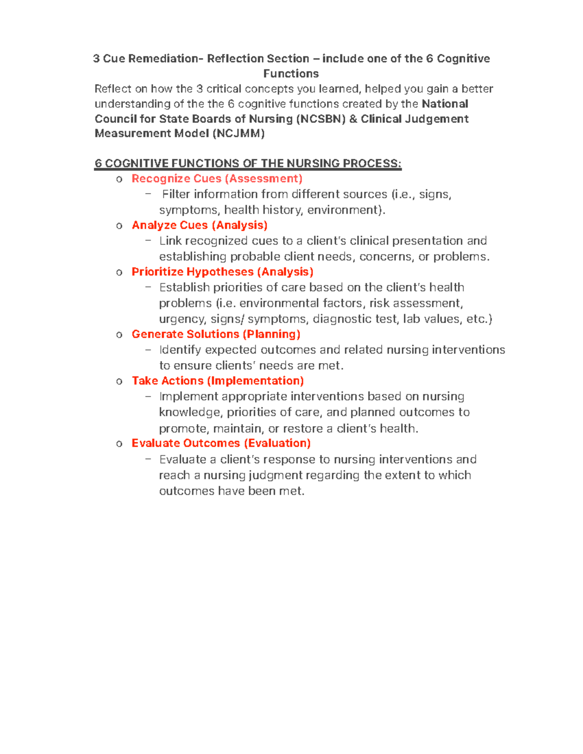 6 Cognitive Functions in the Nursing Process - NCSBN Overview - Studocu