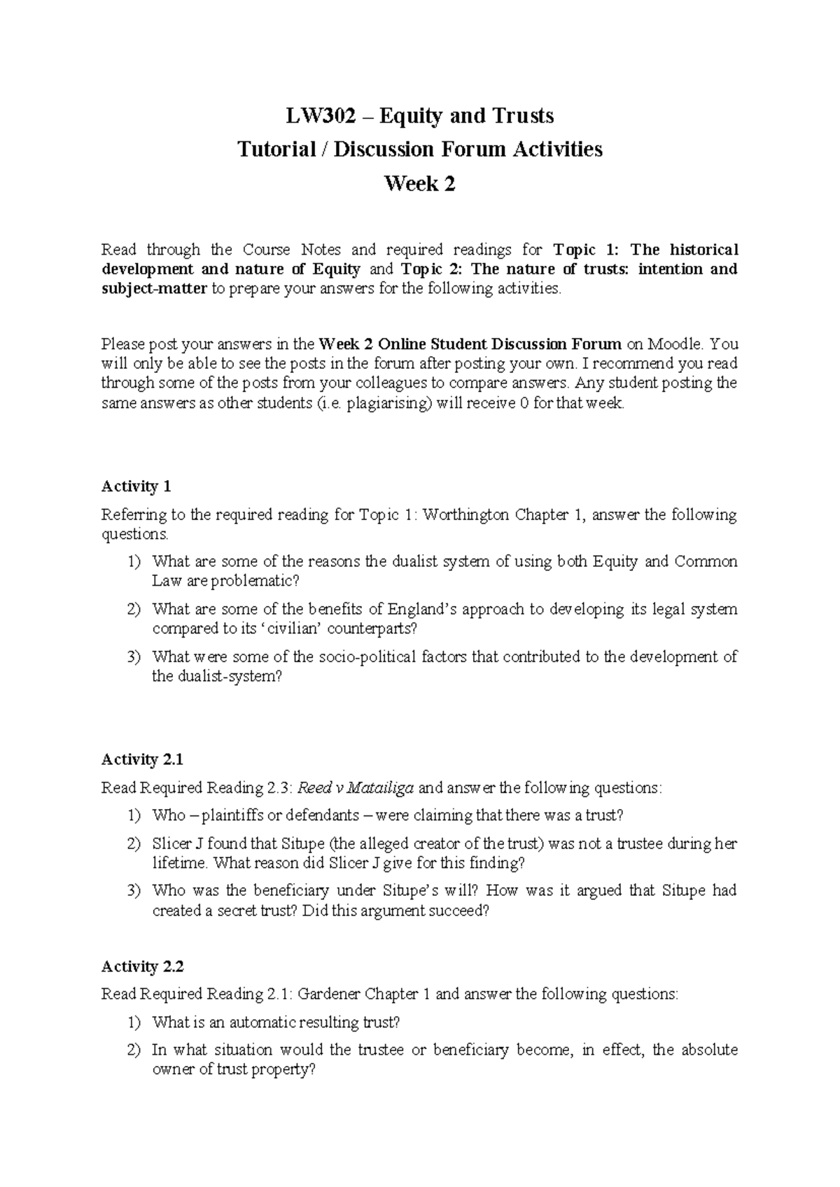 LW302 Tutorial Discussion Forum Activities - Week 2 Overview - Studocu