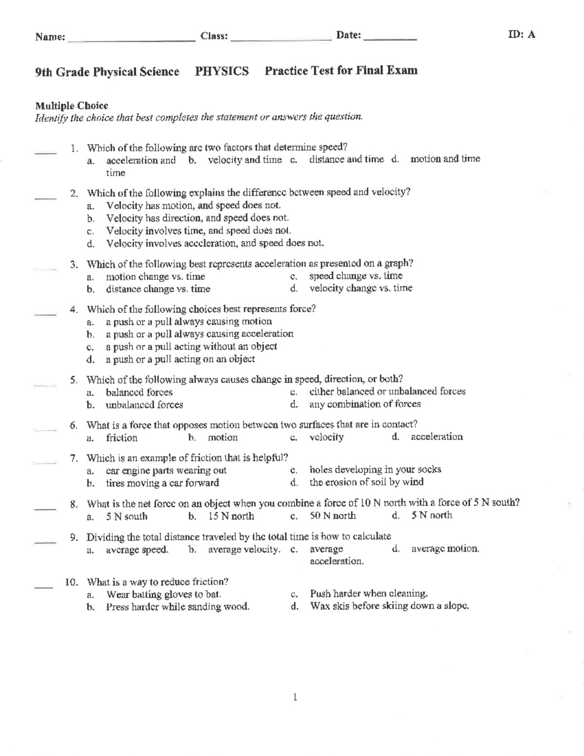 9th Grade PHYSICS Final Exam Practice Test & Answer Key - Studocu