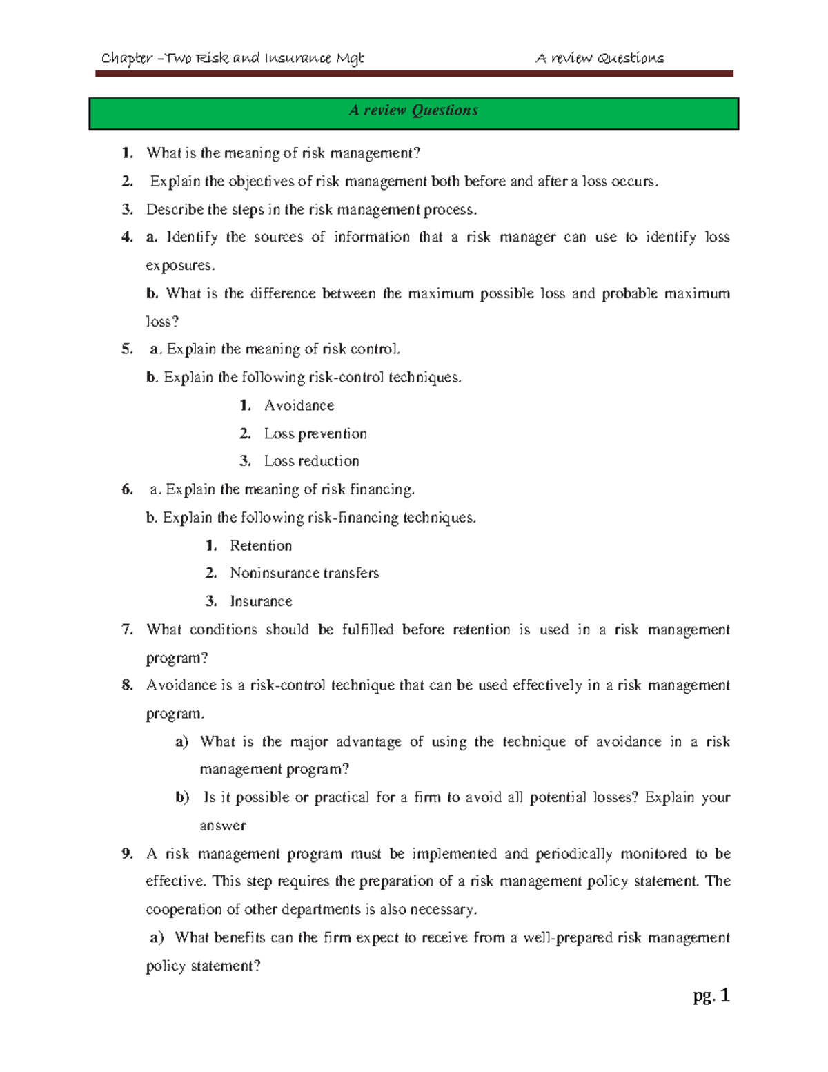 Risk and Insurance Management Review Questions - Exam 2019 - Studocu