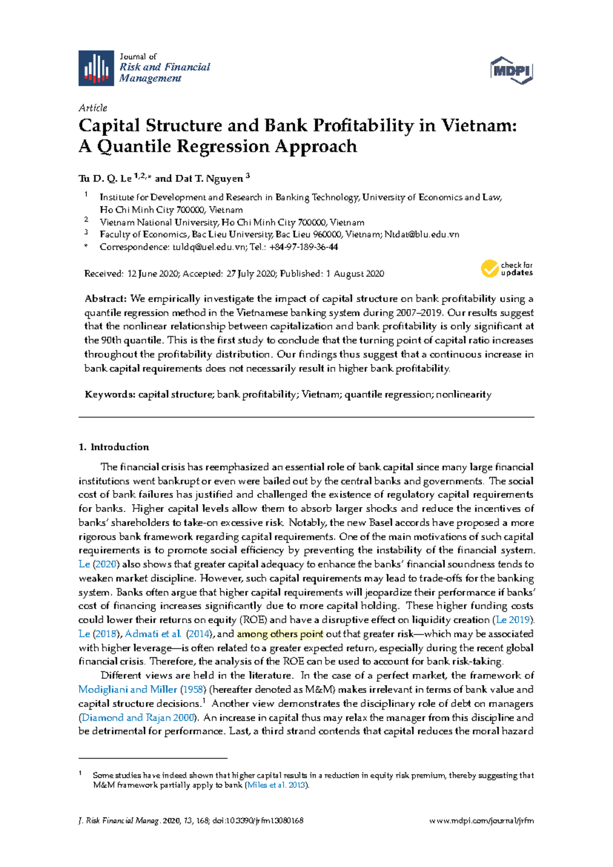 Capital Structure and Bank Profitability in Vietnam: A Quantile ...