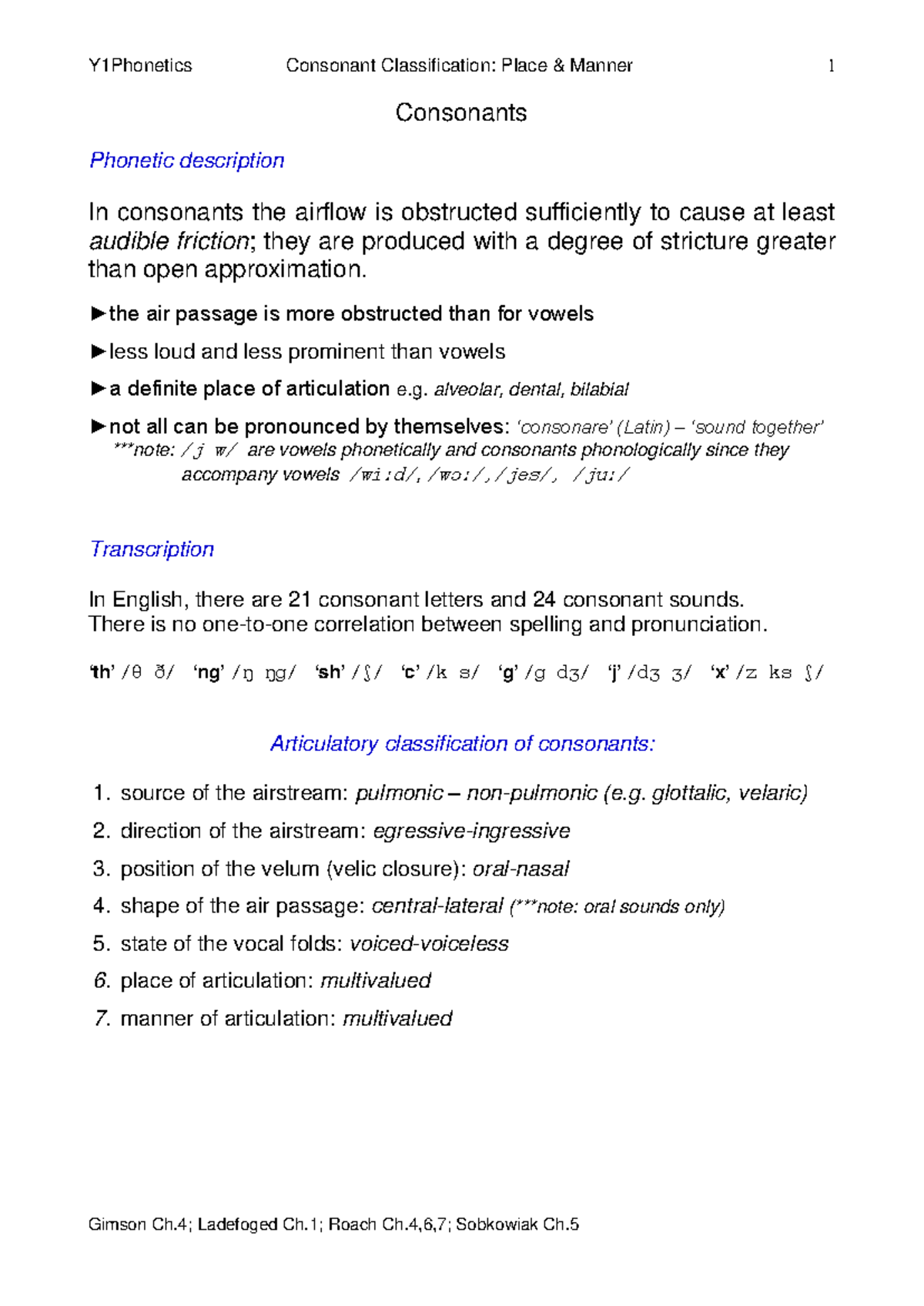 Y1Phonetics: Revision on Consonants - Place & Manner - Studocu