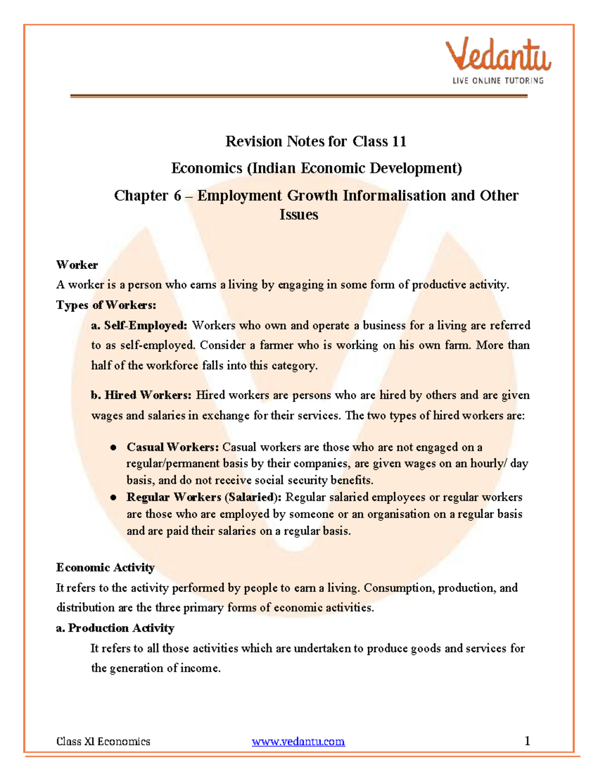 Class 11 Economics Chapter 6: Employment Growth & Informalisation Notes ...