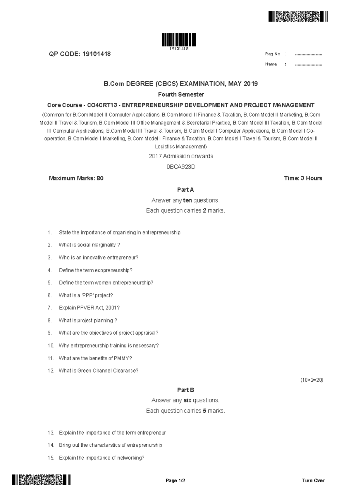 Entrepreneurship Development AND Project Management 2019 - QP CODE: 19101418 Reg No : - Studocu