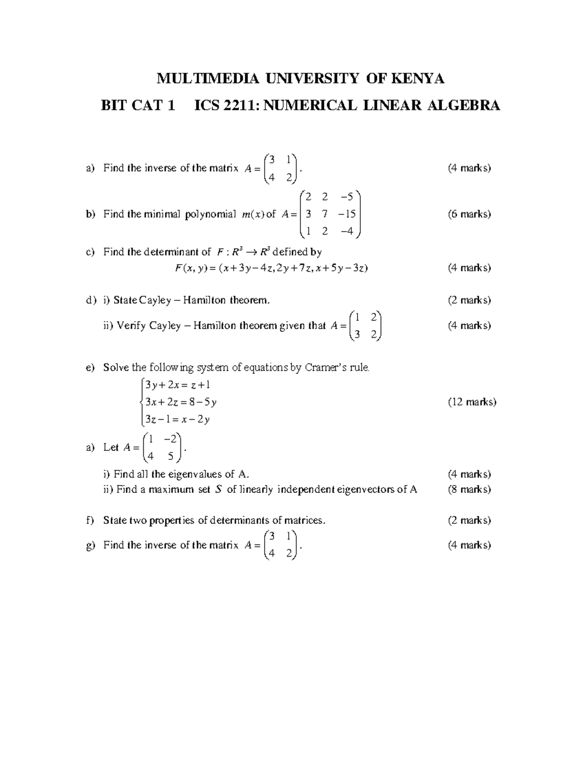 Numerical Linear Algebra ICS 2211 CAT 1 Exam Questions and Solutions ...