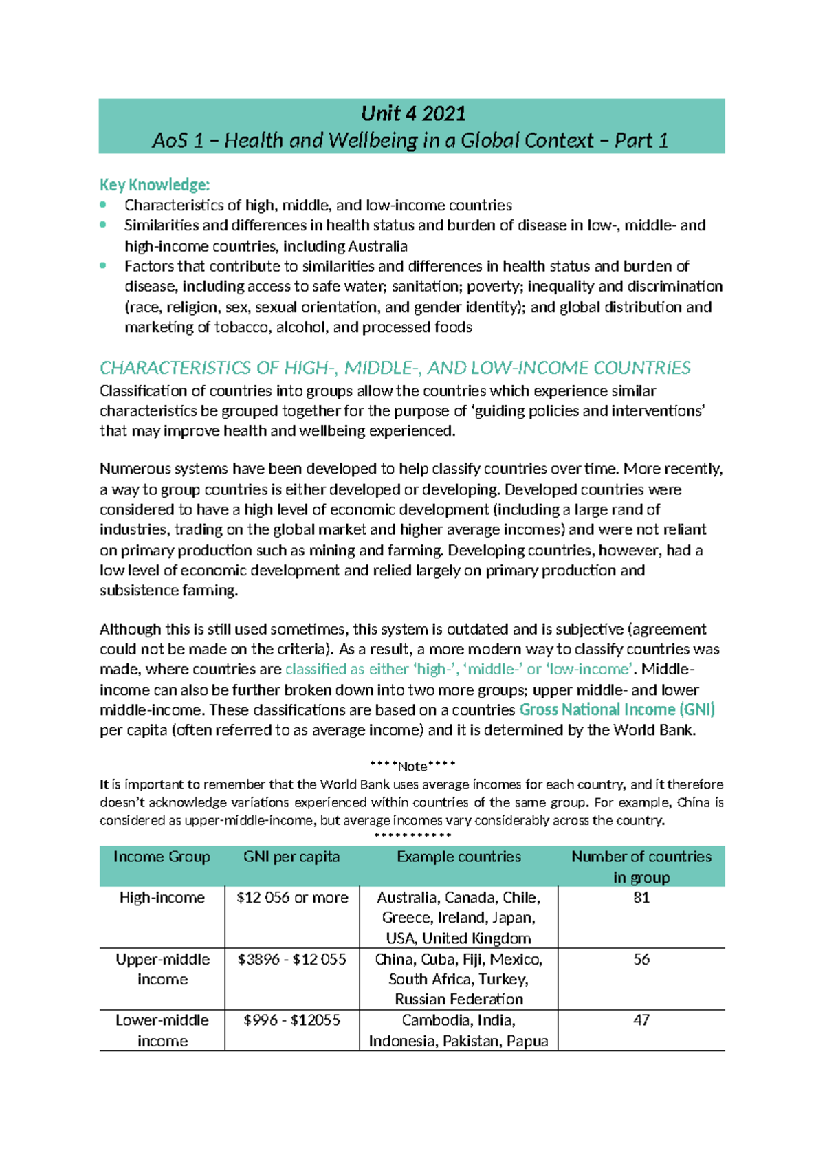 Unit 4 Notes - Health and Wellbeing in a Global Context (PE Yr 1 2 ...