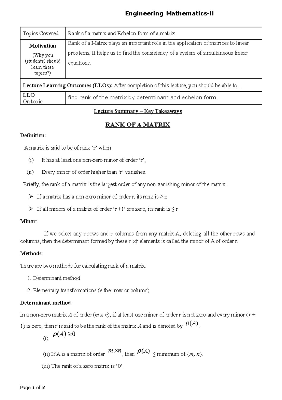 Rank of a matrix and Echelon form of a matrix - Engineering Mathematics ...