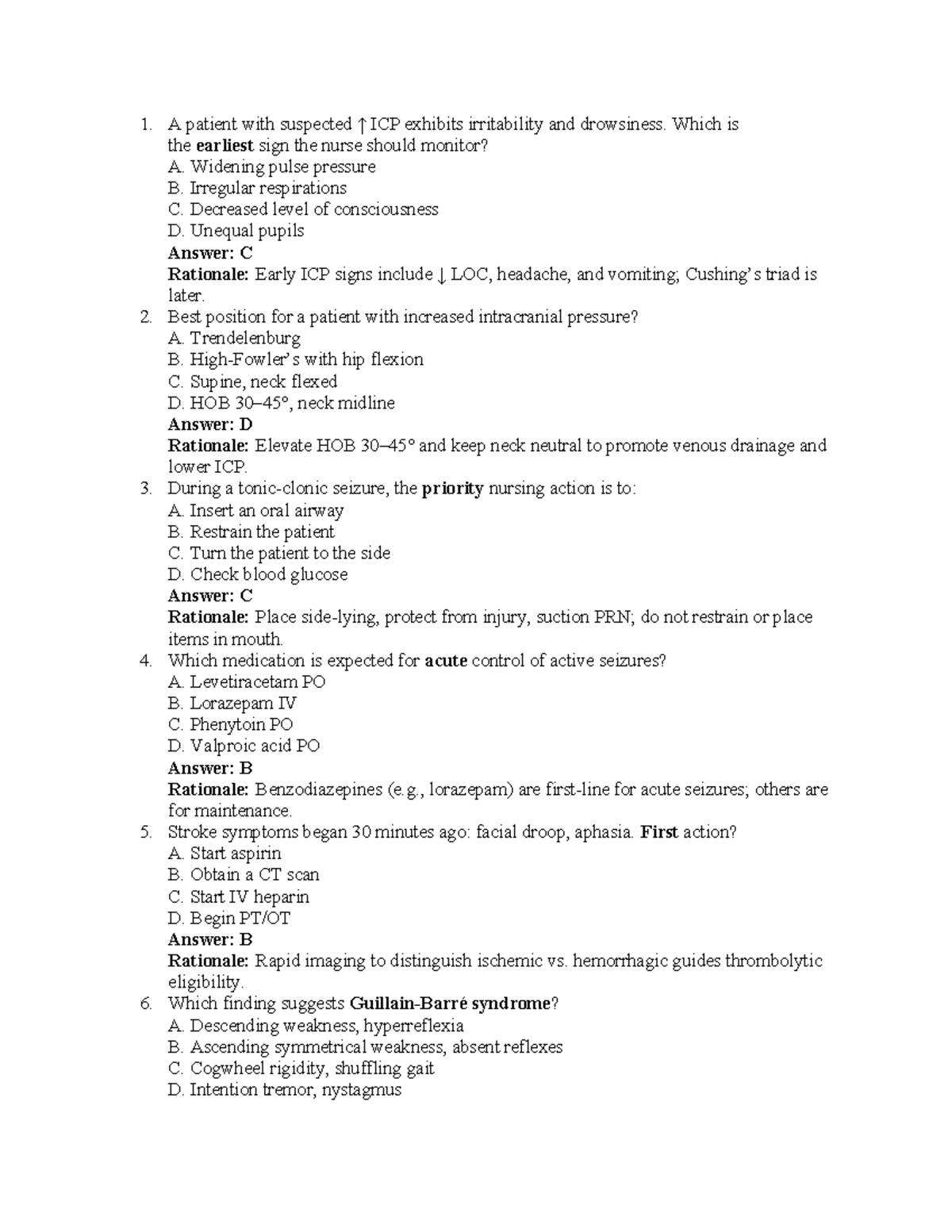 NUR 101: Nursing Care for Patients with Neurological Conditions and ...