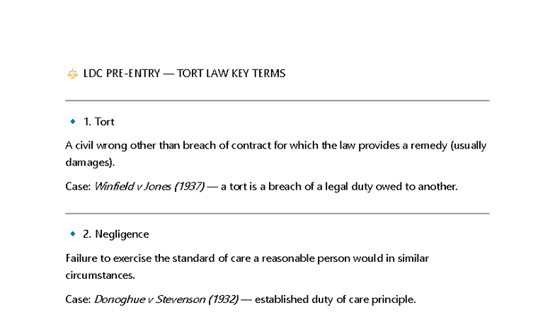 LDC TORT LAW KEY TERMS: Essential Concepts and Cases - Studocu