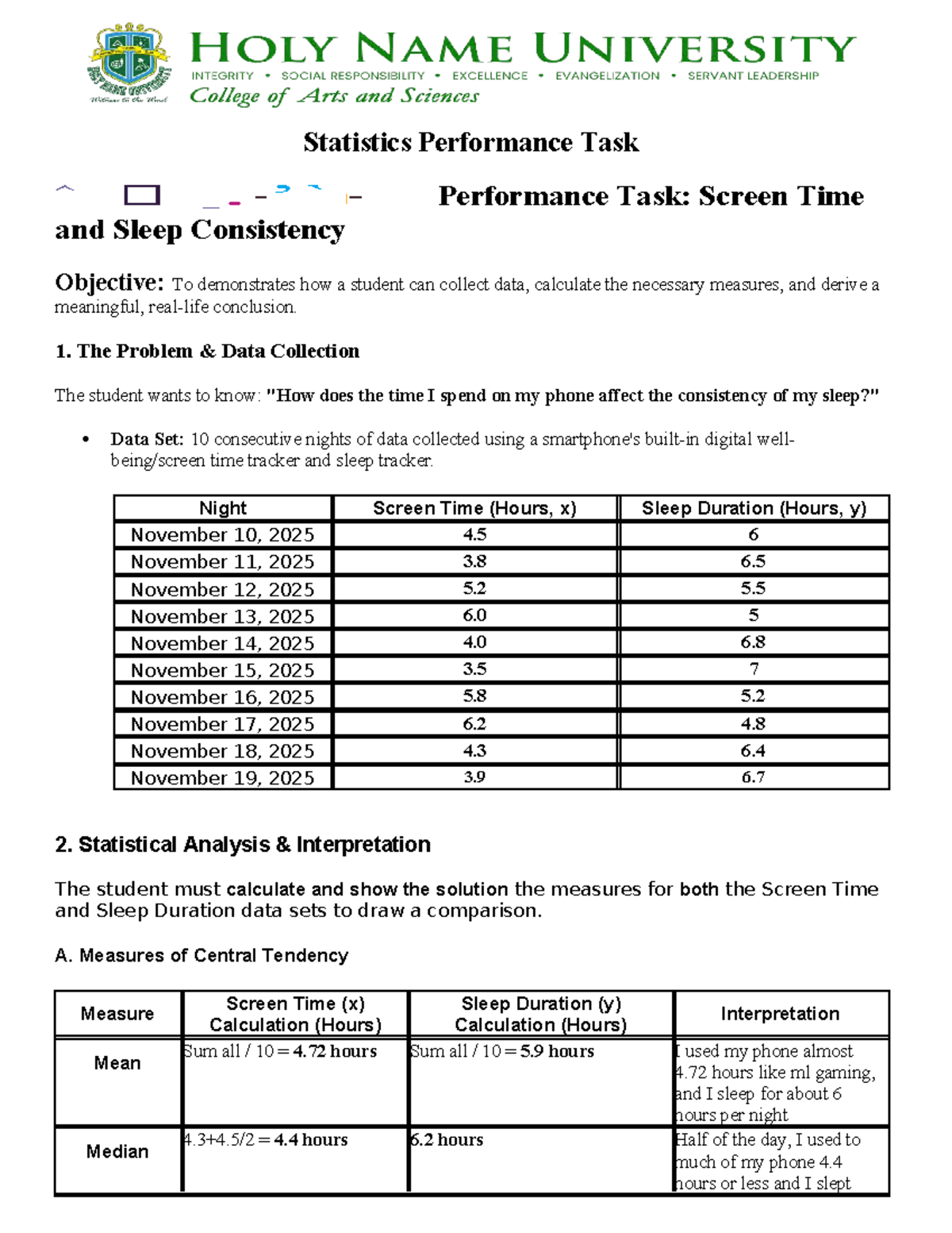 Statistics Performance Task: Sleep Consistency & Screen Time Analysis ...