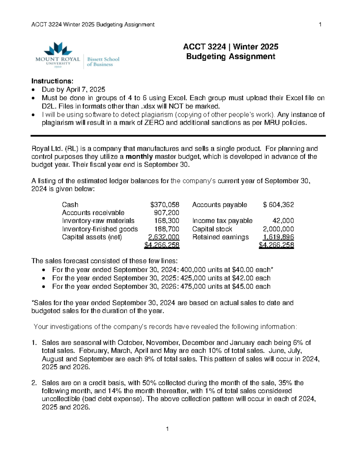ACCT 3224 Winter 2025 Budgeting Assignment 1 Instructions and Details - Studocu
