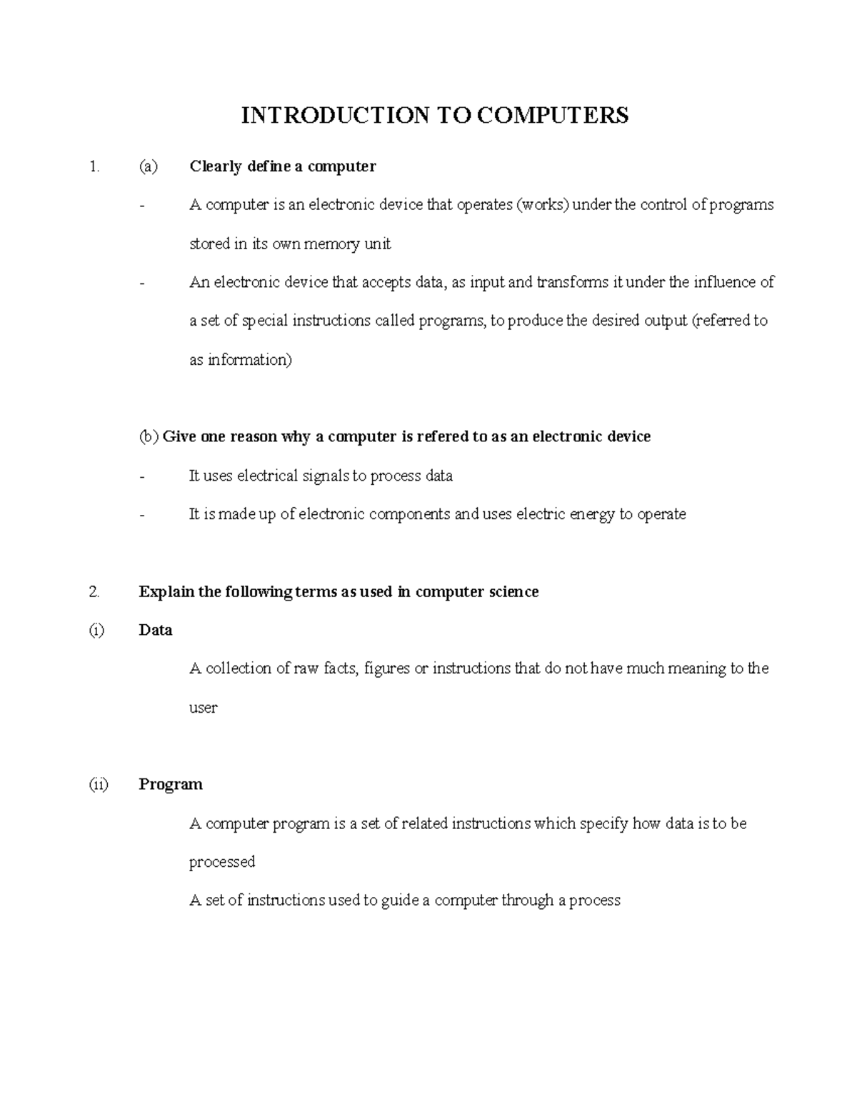 Computer Studies Course CS101 Introduction Lecture Notes and ...