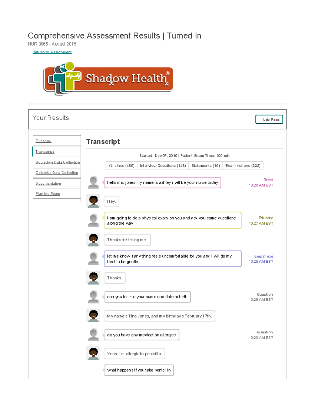NUR 3065 Comprehensive Patient Assessment - August 2015 Results - Studocu