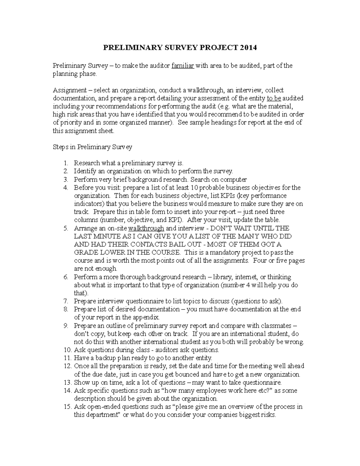 Preliminary Survey Steps for Audit Planning (2014) - Studocu