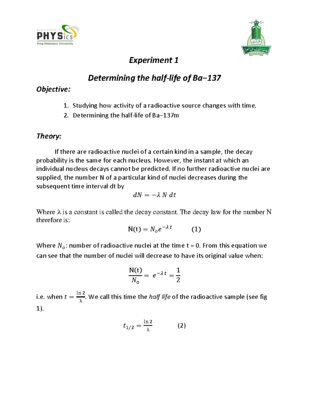 Experiment 1: Determining Half-Life of Ba-137 in Physics (PHYS 101 ...