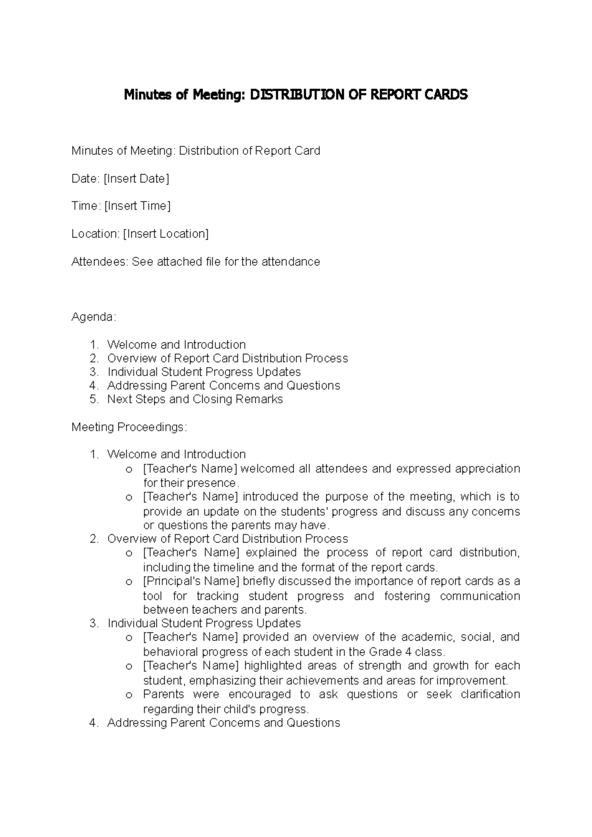Minutes of Meeting: Report Card Distribution Process Overview - Studocu