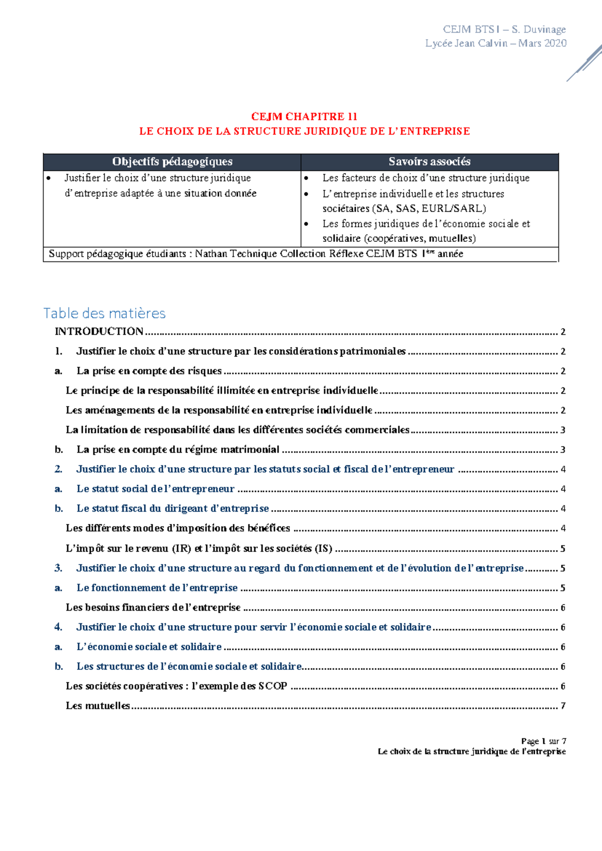 CEJM BTS1 Chap 11 Choix de la Structure Juridique d’Entreprise - Studocu