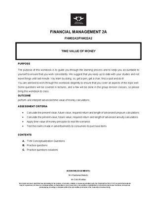 Tutorial 1 docx - FINANCIAL MANAGEMENT 2A FNM22A2/ FNM02A Tutorial 1 ...